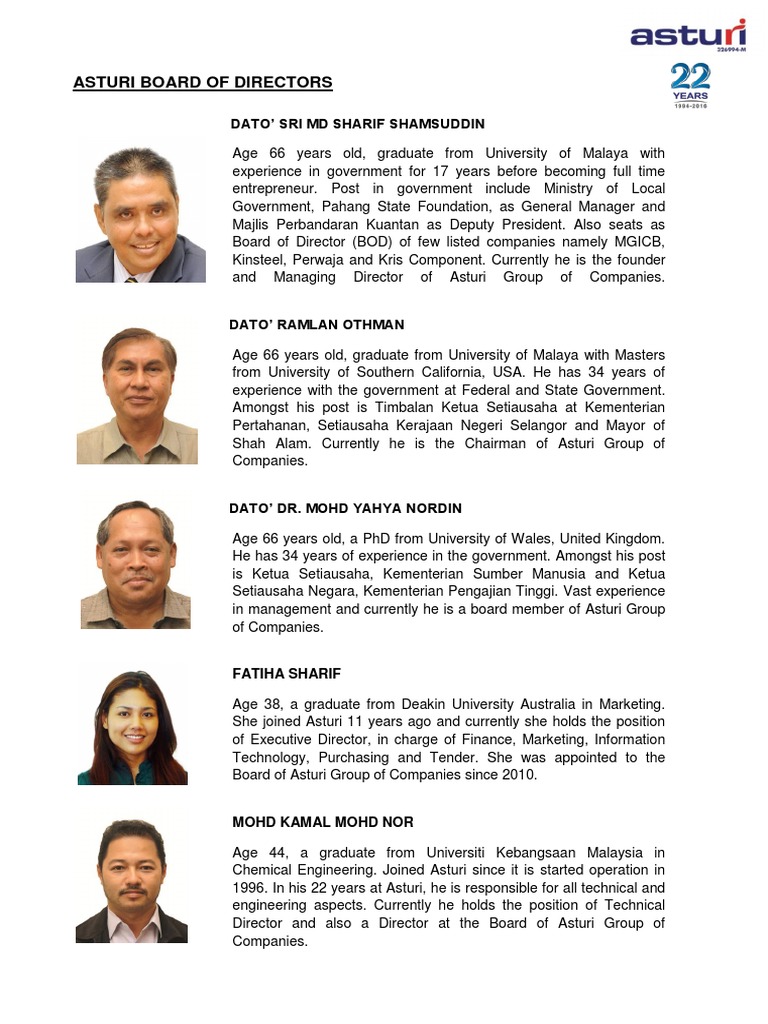 Asturi Group Board of Directors Profile | PDF | Career & Growth