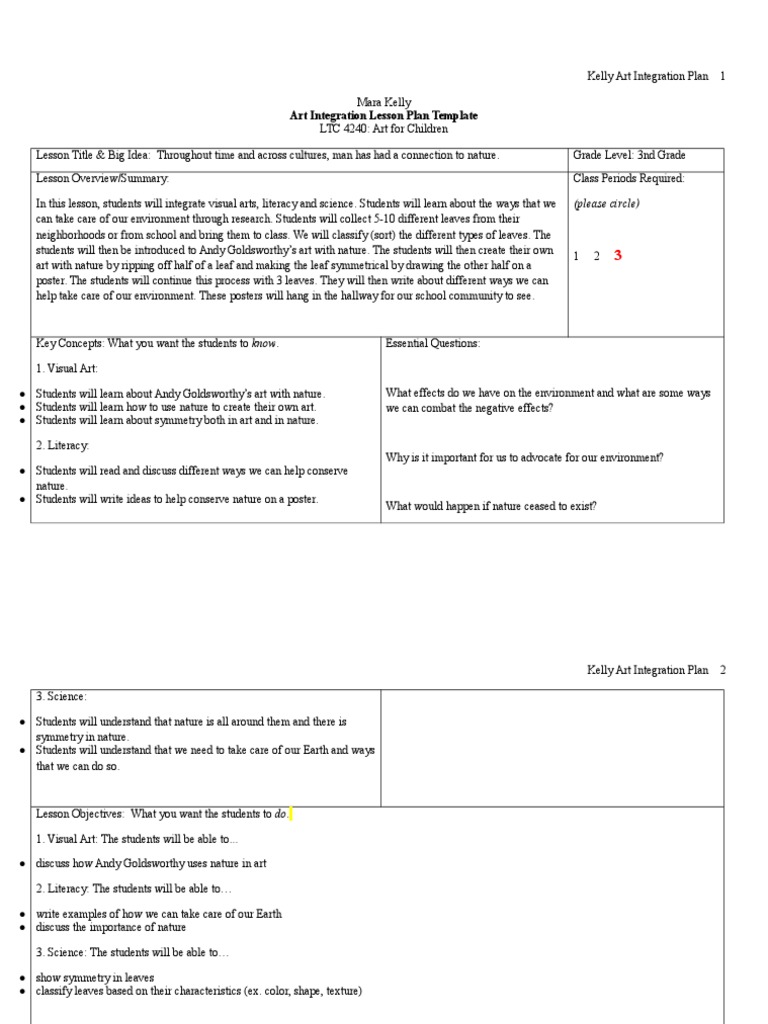 Art Integration Lesson Plan Template: (Please Circle) | PDF ...