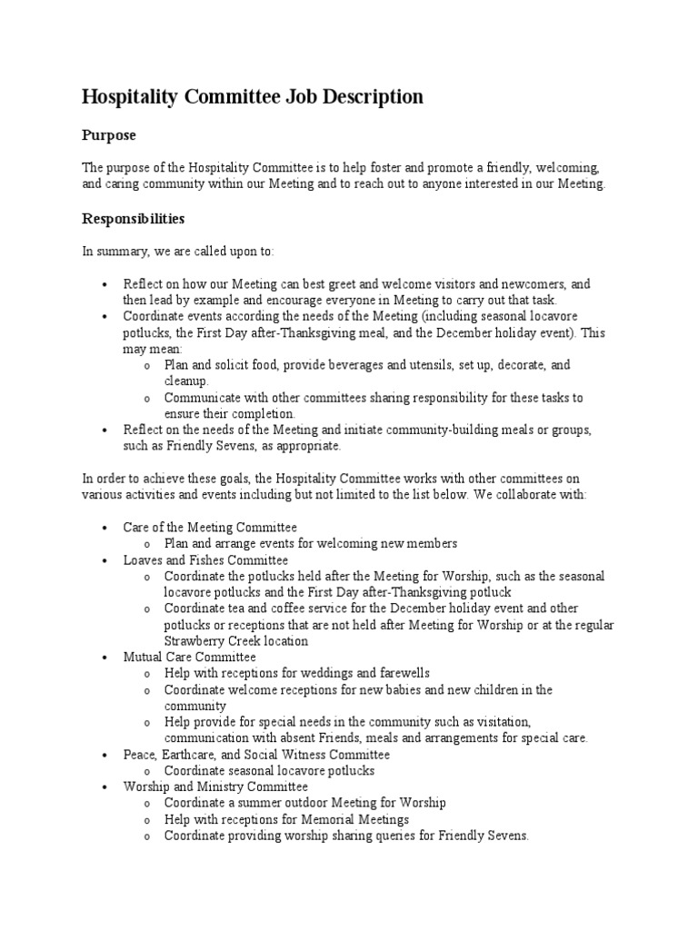 Hospitality Committee Job Description: Purpose | PDF | Quakers
