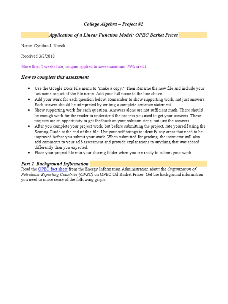College Algebra - Project #2 Application of A Linear Function Model ...