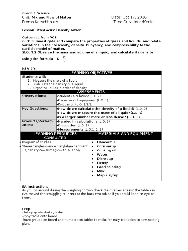 Density Tower Lesson Plan | PDF | Density | Liquids
