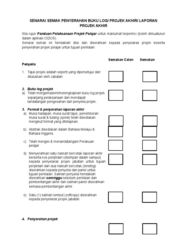 Senarai Semak Penyerahan Buku Log Projek Akhir Laporan Projek Akhir | PDF