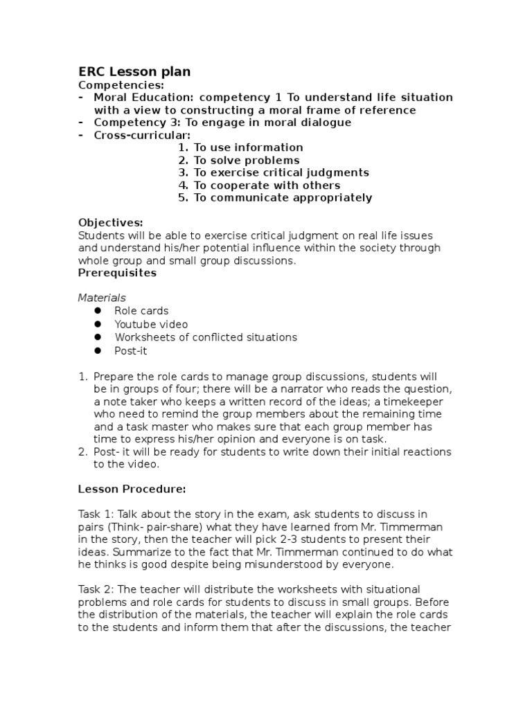 Erc Lesson Plan | PDF | Lesson Plan | Competence (Human Resources)