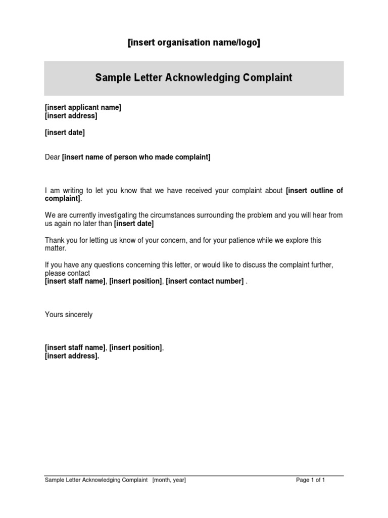 Sample Letter Acknowledging Complaint: (Insert Organisation Name/logo ... Sample Letter Acknowledging Complaint: (Insert Organisation Name/logo ...