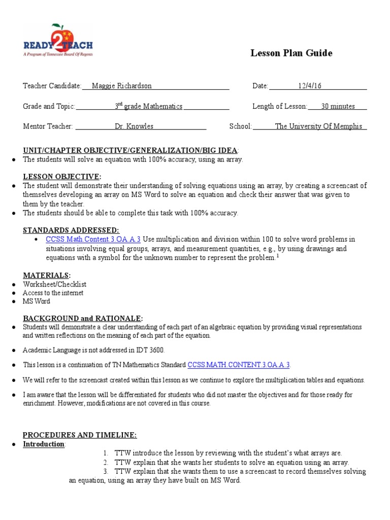 Lesson Plan Guide: Unit/Chapter Objective/Generalization/Big Idea | PDF ...