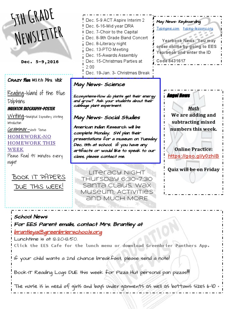 5th Grade Newsletter | PDF