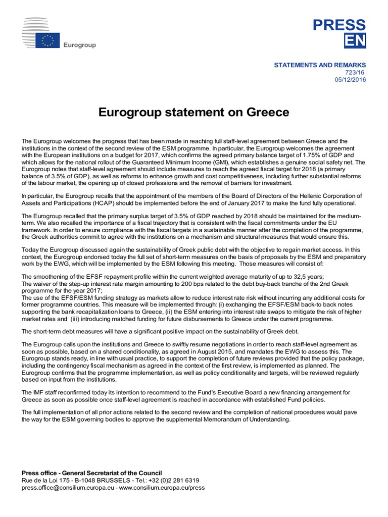 Press: Eurogroup Statement On Greece | PDF