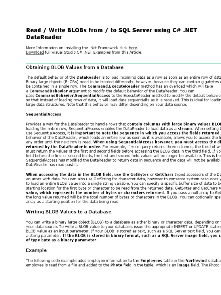 Read Write Blobs From To Sql Server Using C Pdf Microsoft Sql Server Computer Data