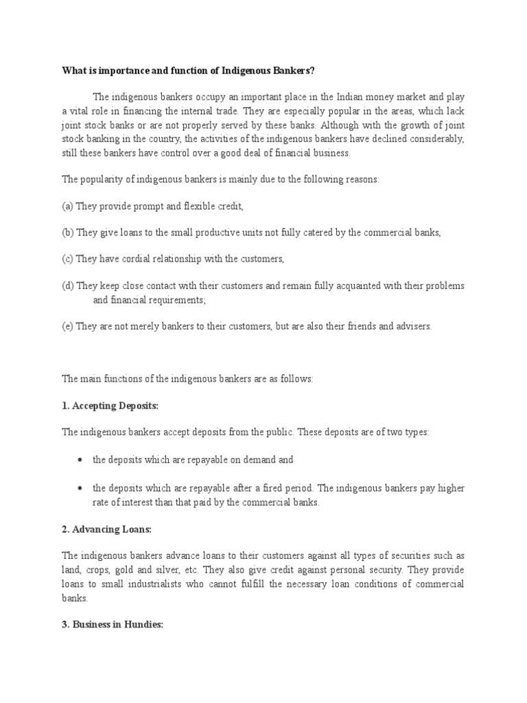 What Is Importance and Function of Indigenous Bankers?: 1. Accepting ...