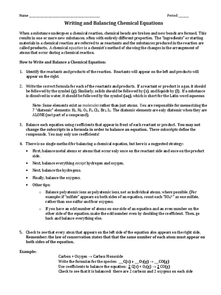 Balancing Equations Packet Pdf Chemical Substances Chloride