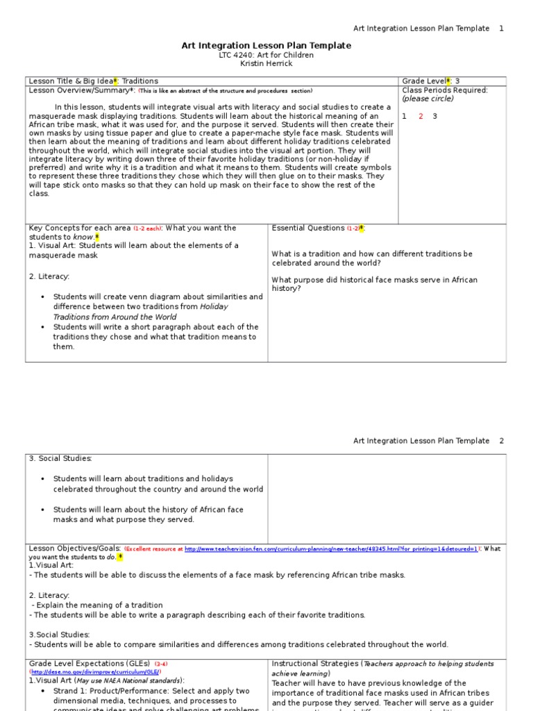 Art Integration Lesson Plan Template: (Please Circle) | PDF | Lesson ...