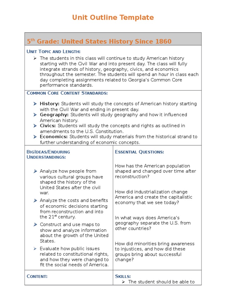 Unit Outline Template: 5 Grade: United States History Since 1860 ...