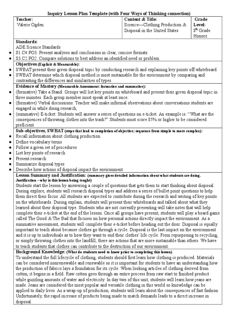 Inquiry Lesson Plan Template (With Four Ways of Thinking Connection ...