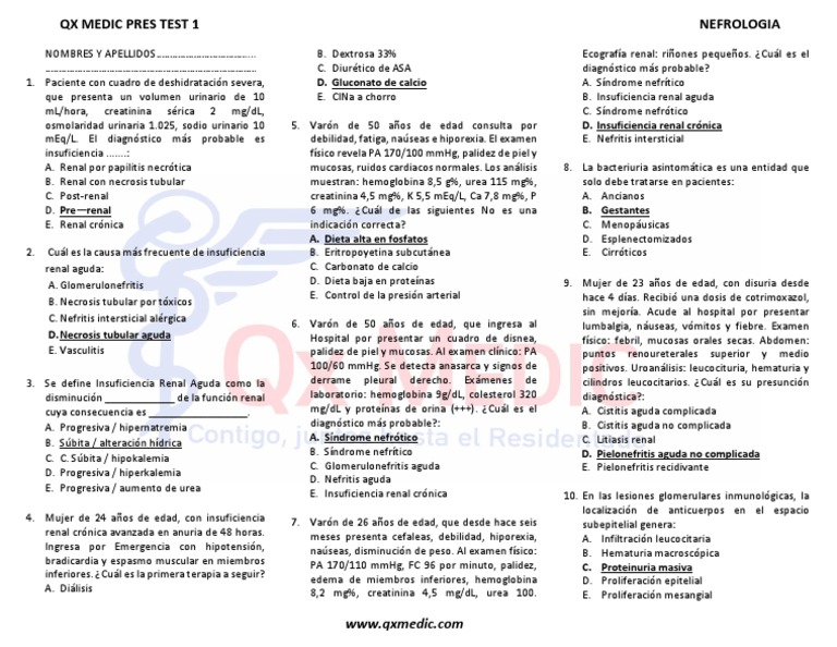 Pretest 1 Nefro | PDF | Medicina Interna | Órgano (anatomía)