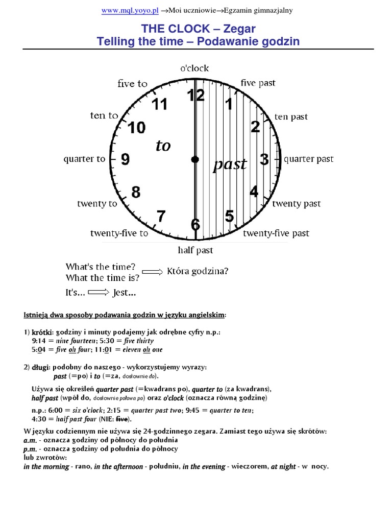 The CLOCK Zegar Telling The Time Podawanie Godzin I Cwiczenia | PDF