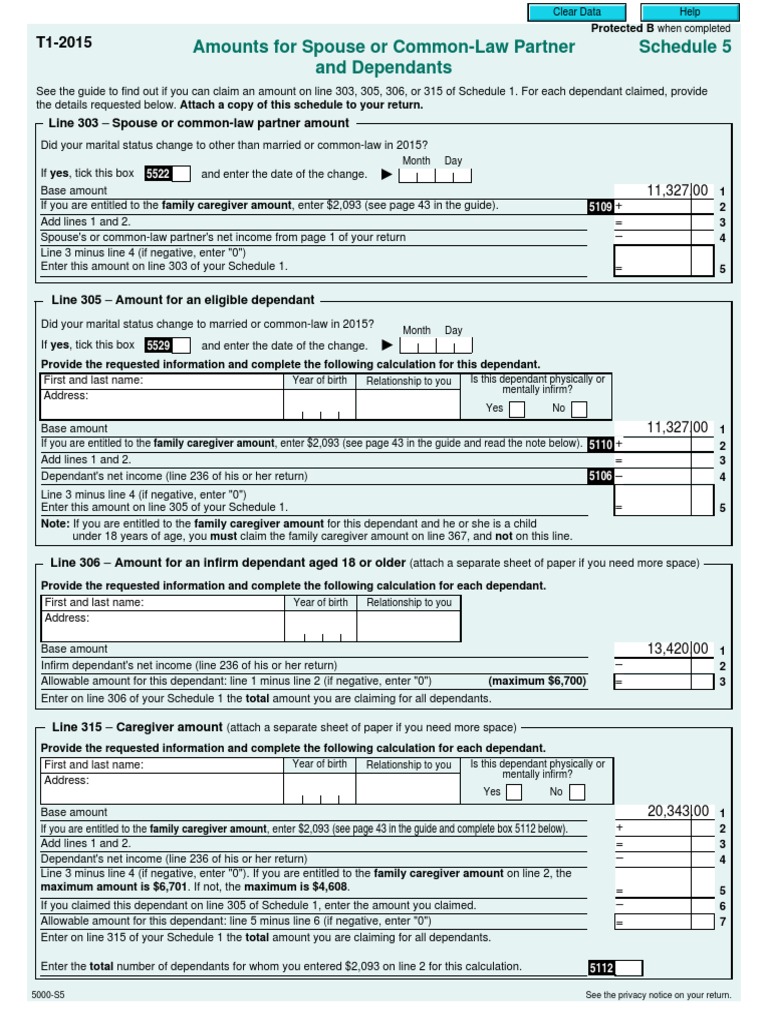 Amounts For Spouse or Common-Law Partner and Dependants Schedule 5 ...