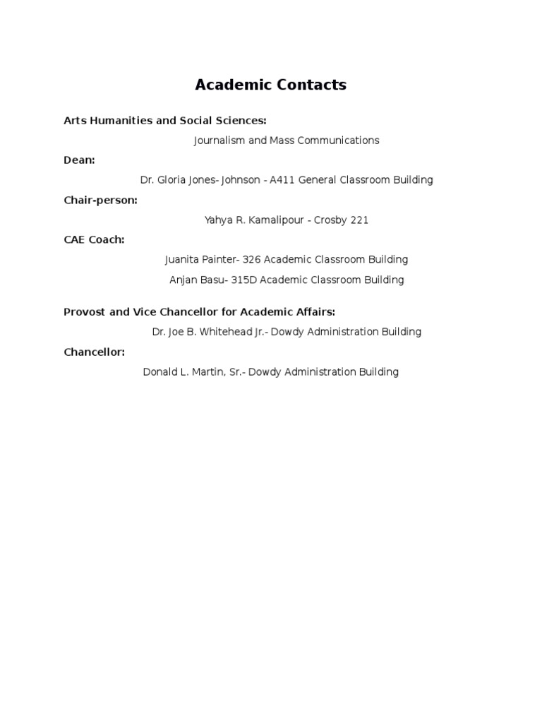 Academic Contacts for Arts and Sciences | PDF | Social Science | History