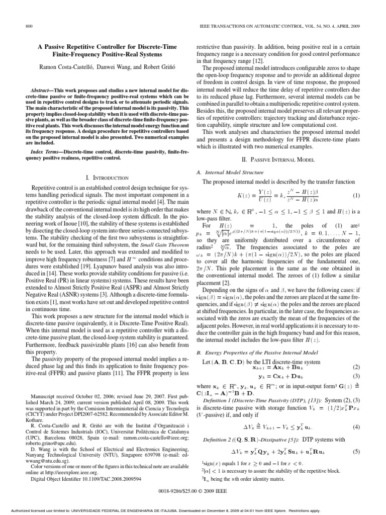 A Passive Repetitive Controller For Discrete-Time Finite-Frequency Positive-Real Systems | PDF ...