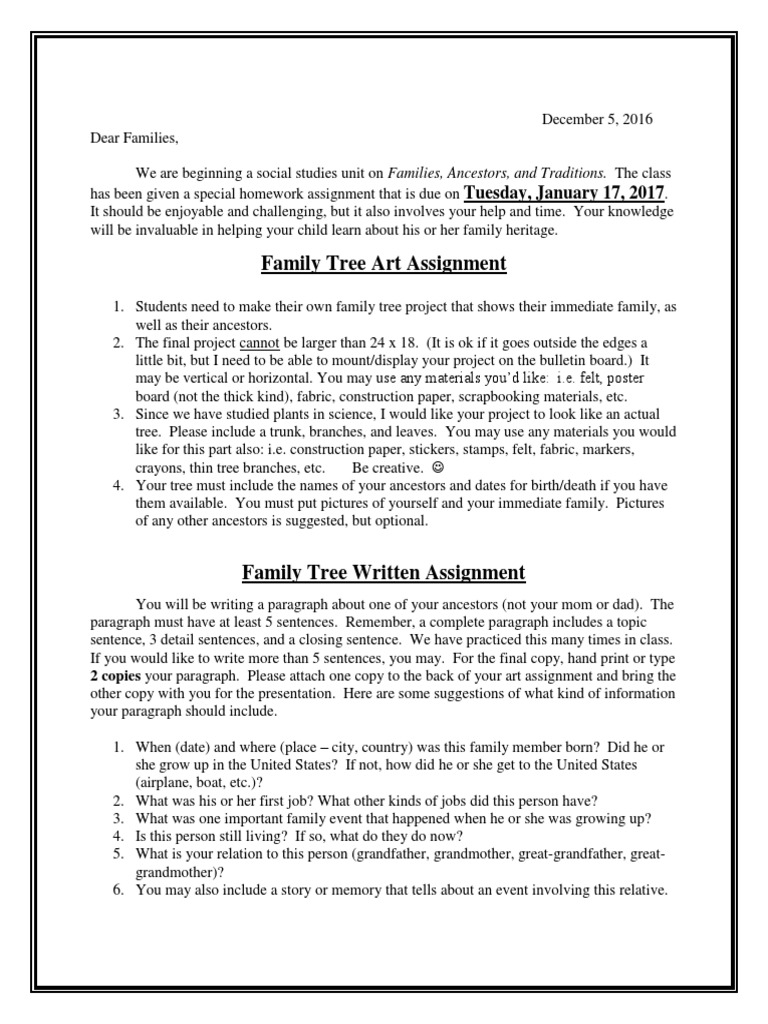 Family Tree Letter Home 2016 | PDF | Homework | Trees