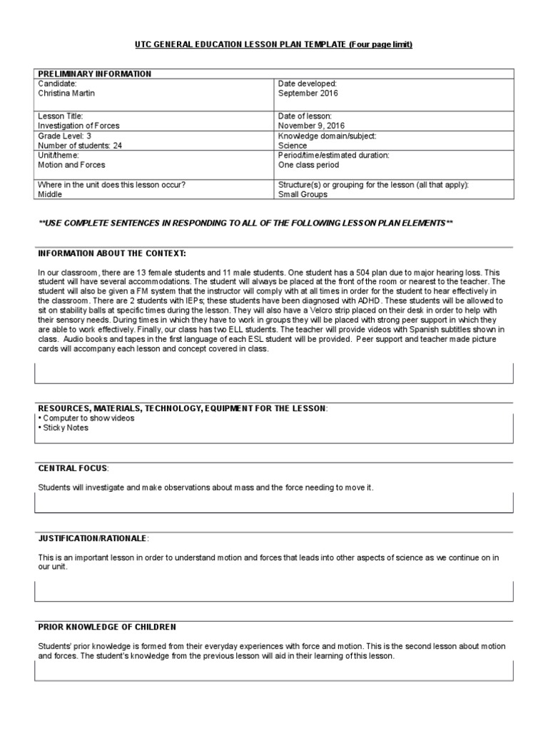Utc General Education Lesson Plan Template (Four Page Limit) | PDF ...