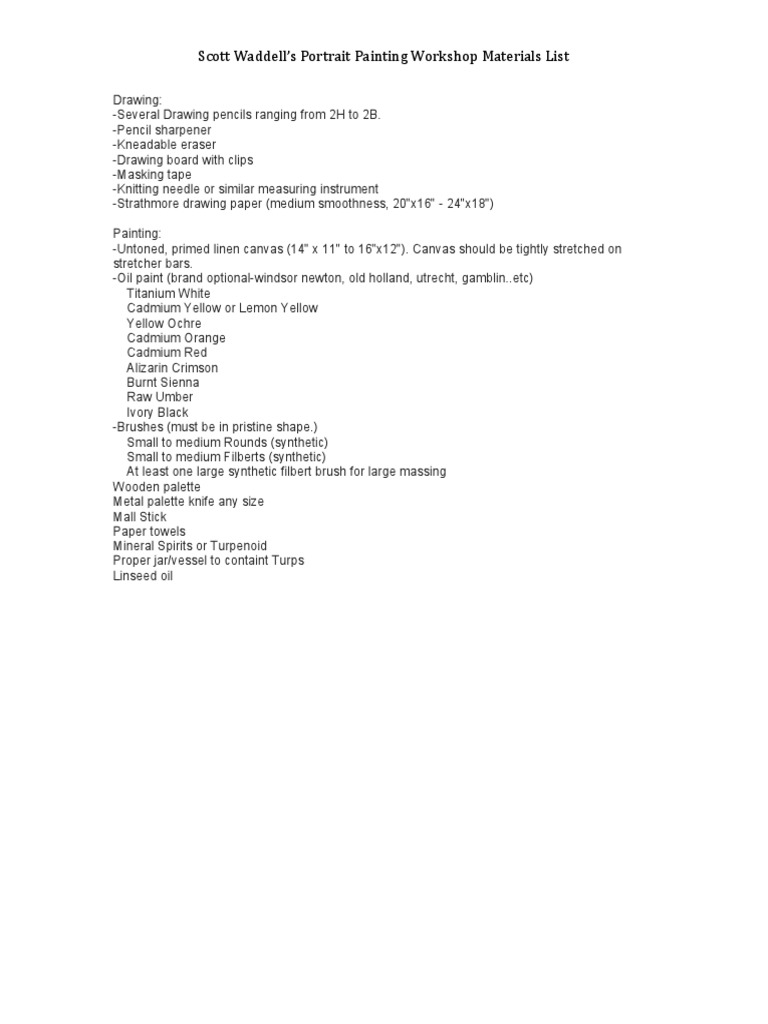 Scott Waddell Portrait Workshop Materials | PDF