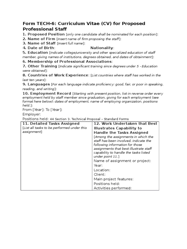 Form TECH-6: Curriculum Vitae (CV) For Proposed Professional Staff | PDF