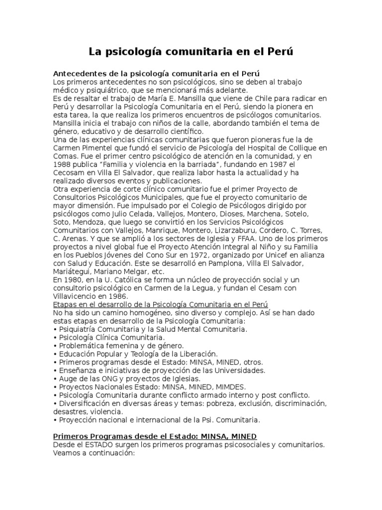 La Psicologia Comunitaria en El Peru | PDF | Comunidad | Sicología