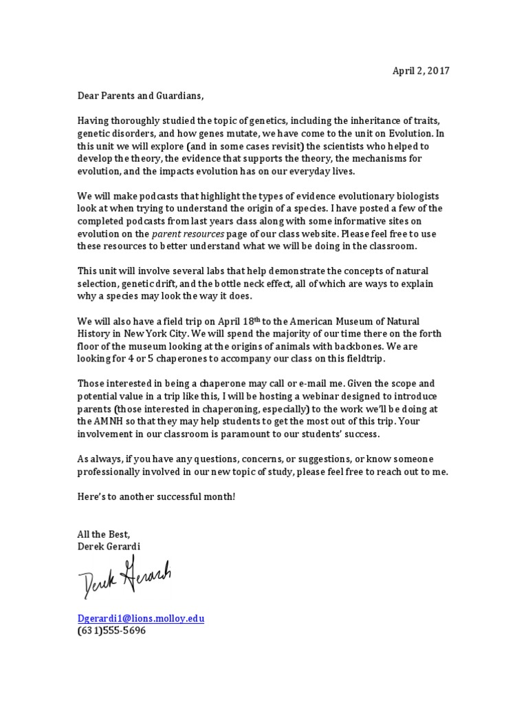 letter to parents 2 | Evolution | Genetics