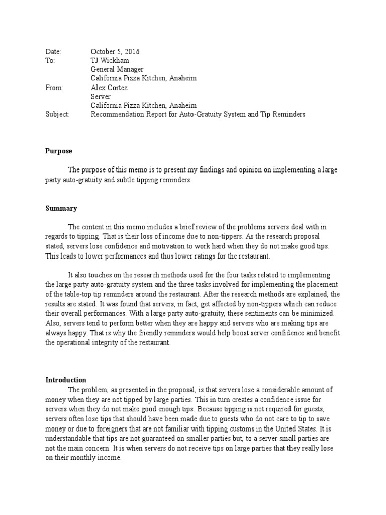 recommendation memo | Gratuity | Internal Revenue Service