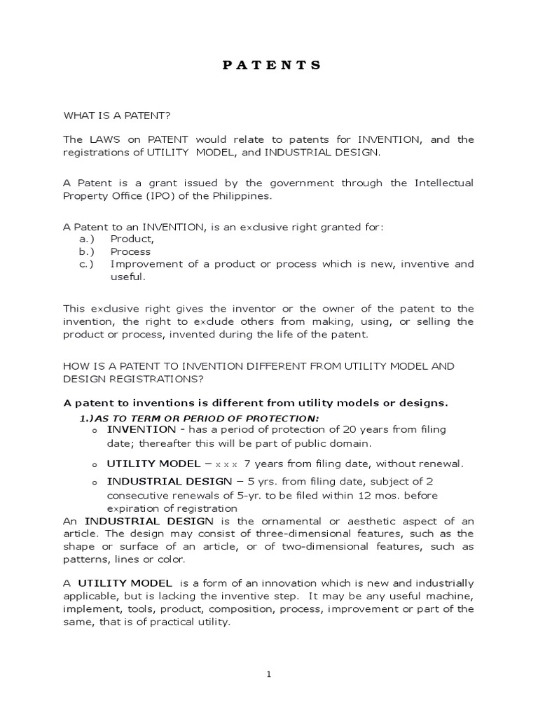 Patents: A Patent To Inventions Is Different From Utility Models or Designs | PDF | Glossary Of ...