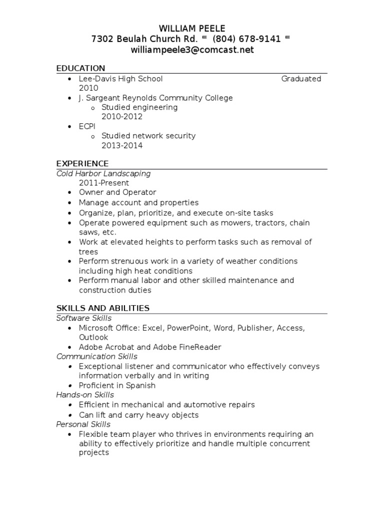 William Peele: Landscaping Expert & Skilled Technician | PDF