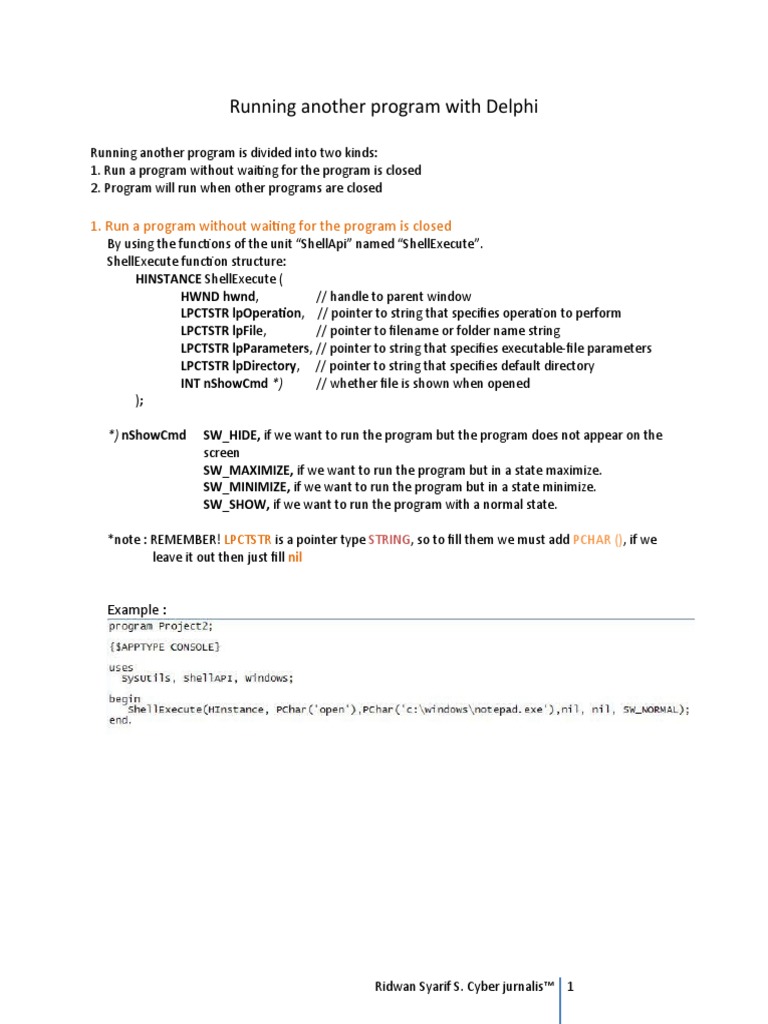 Running Another Program With Delphi | PDF | Pointer (Computer ...