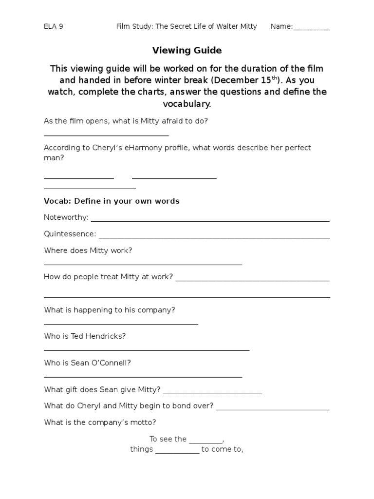 Walter Mitty Viewing Guide | PDF | Games & Activities | Self-Improvement