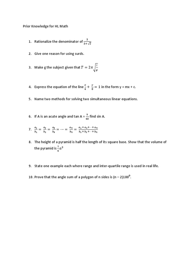 Prior Knowledge Practice For IB HL Math | PDF