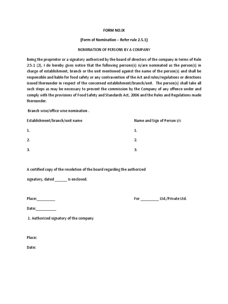 Form No - Ix (Form of Nomination - Refer Rule 2.5.1) | PDF