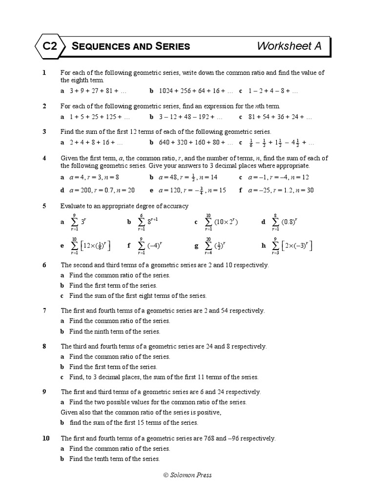 Geometric Series Worksheet: Finding Common Ratios, Terms, and Sums ...