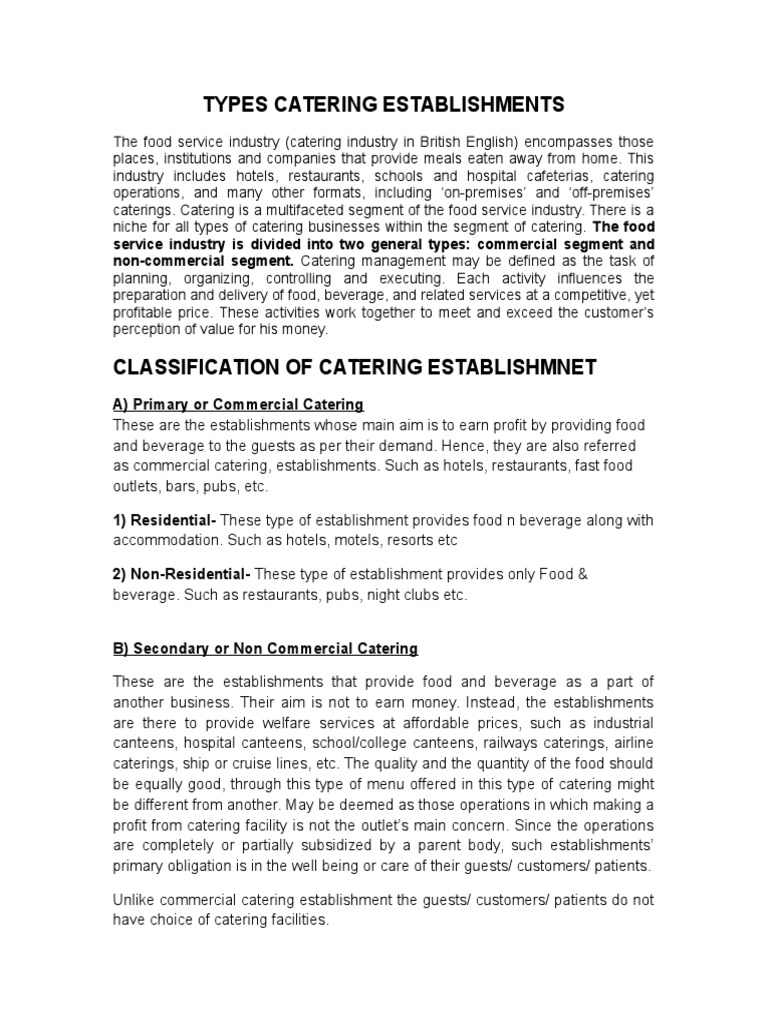 Types Catering Establishments | PDF | Restaurants | Foodservice