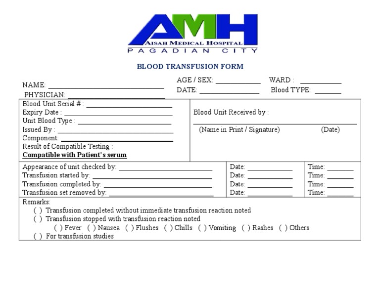 Blood Transfusion Documentation Form | PDF