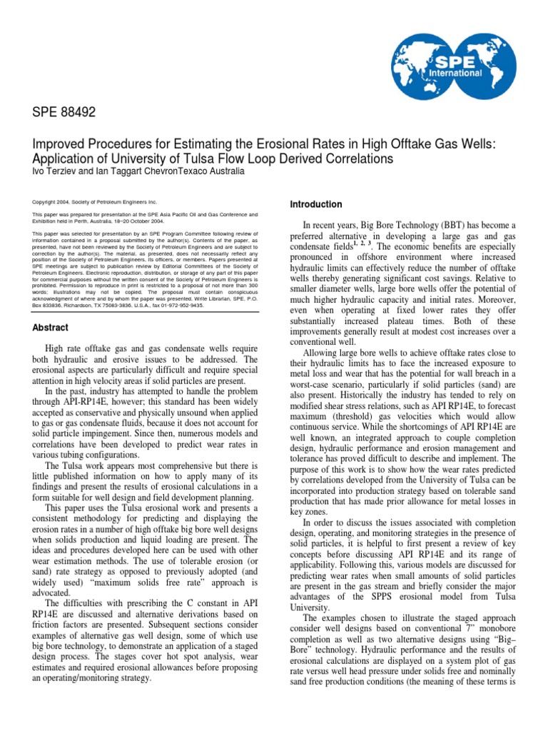 SPE Paper Erosional Rates Velocities | PDF | Wear | Gases