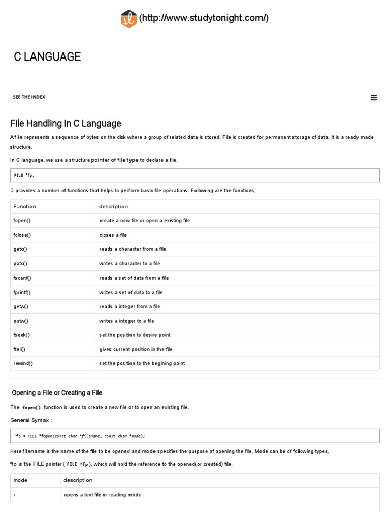 File Handling in C Language - C Language Tutorial - Studytonight | PDF ...