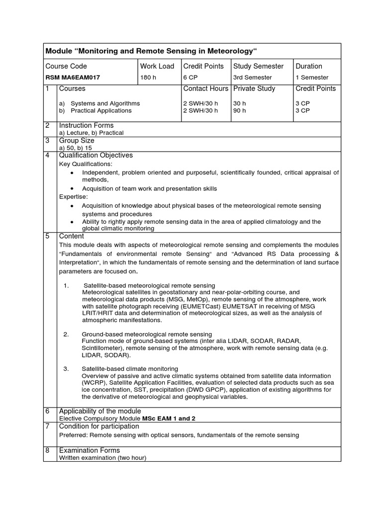 Module "Monitoring and Remote Sensing in Meteorology": RSM Ma6Eam017 ...