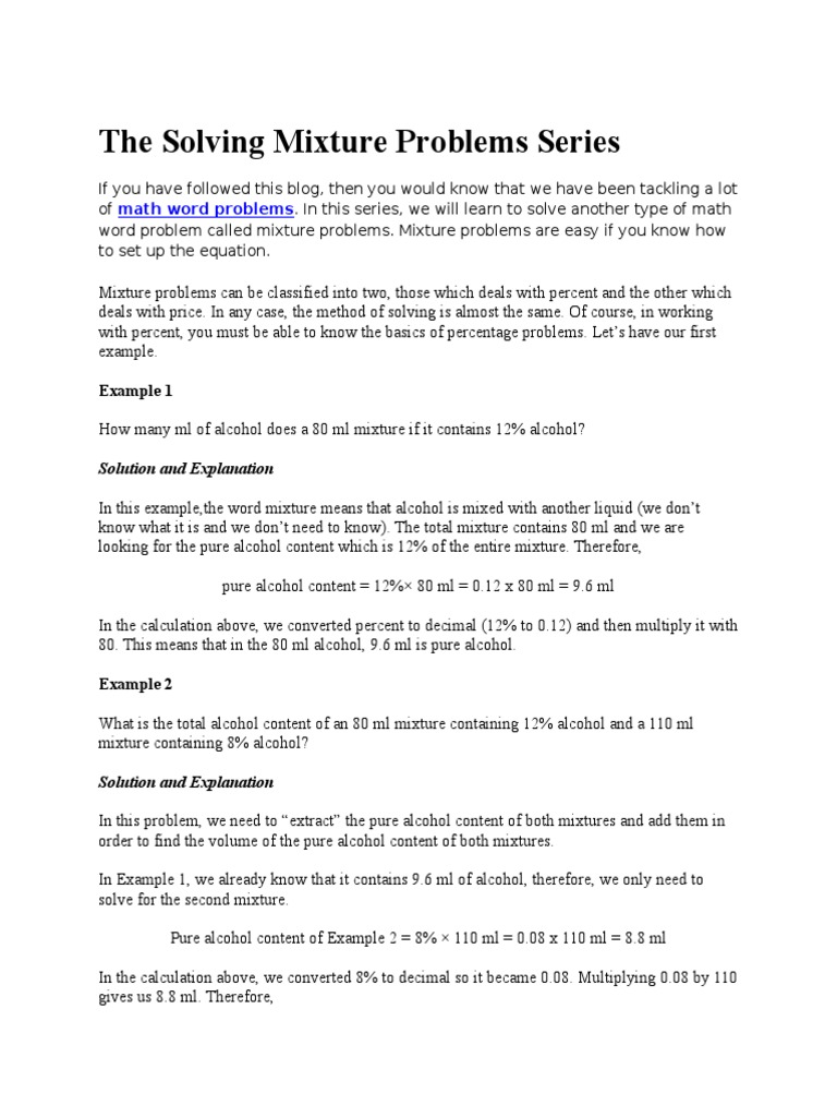 The Solving Mixture Problems Series | PDF | Solution | Percentage The Solving Mixture Problems Series | PDF | Solution | Percentage
