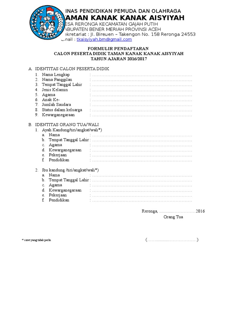 Formulir Pendaftaran Paud TK KB | PDF