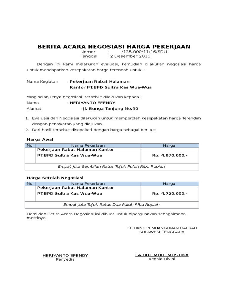 Berita Acara Negosiasi Harga Pekerjaan | PDF