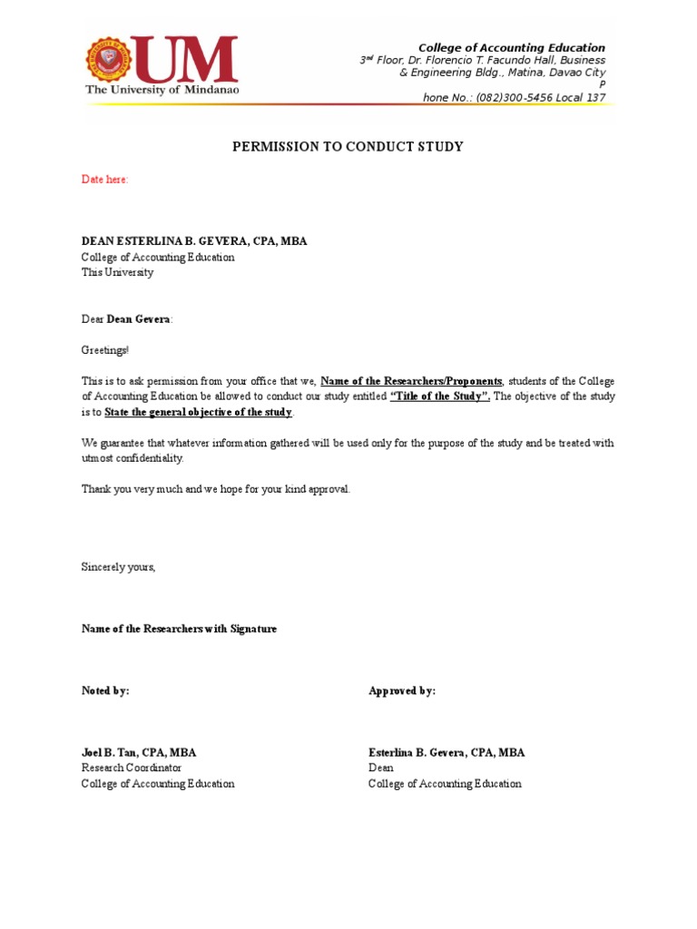 Letter of Permission To Conduct Study For The Dean | PDF | Business | Law