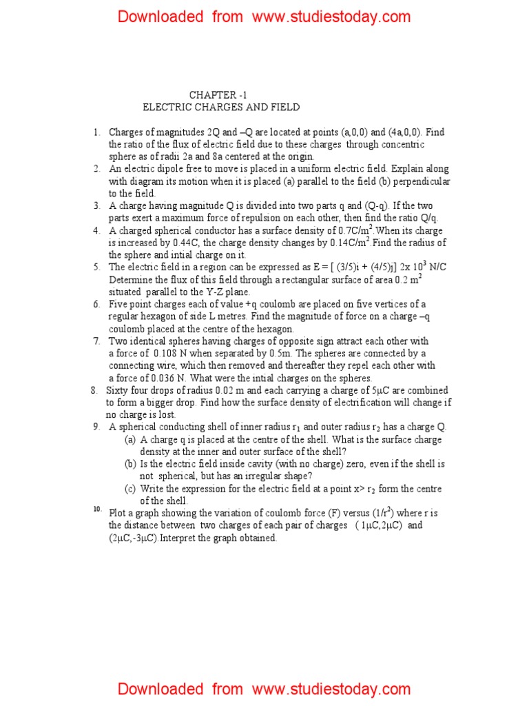 CBSE Class 12 Physics Worksheet - Electric Charges and Field - 1 | PDF ...