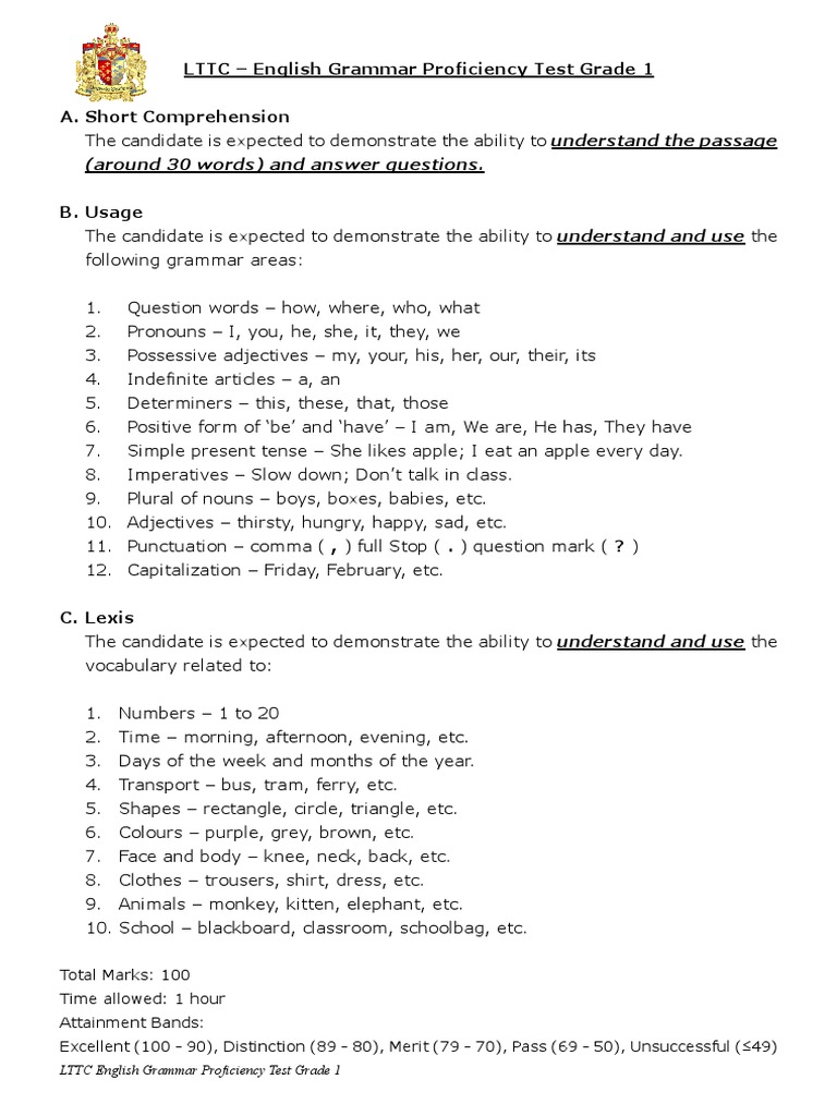 Grammar Proficiency Sample Test Grade 1 | PDF