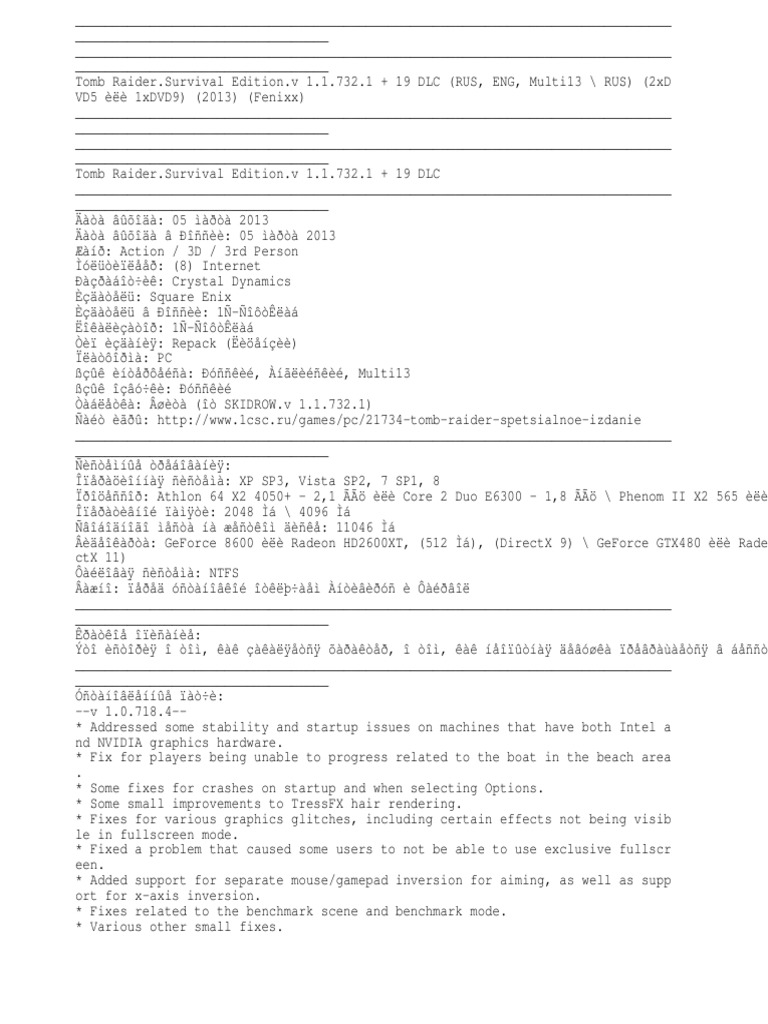 Info - Tomb Raider - Survival Edition.v 1.1.732.1 + 19 DLC | PDF ...