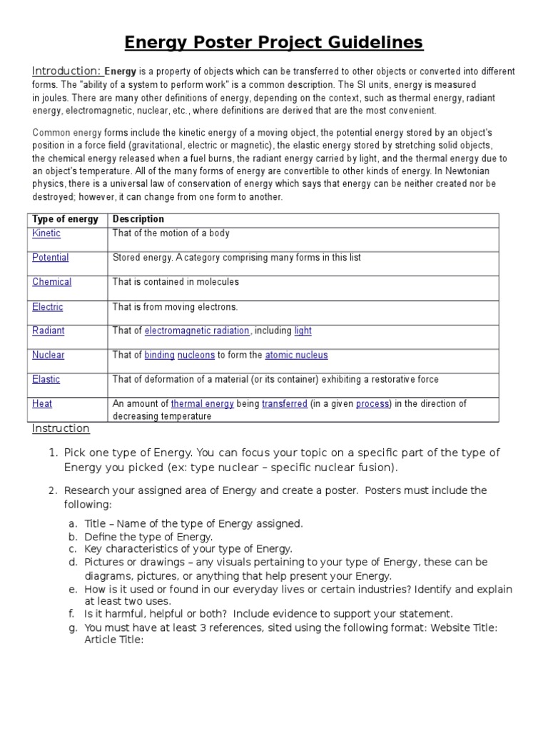 Energy Poster Project Guideline | PDF | Potential Energy | Materials ...
