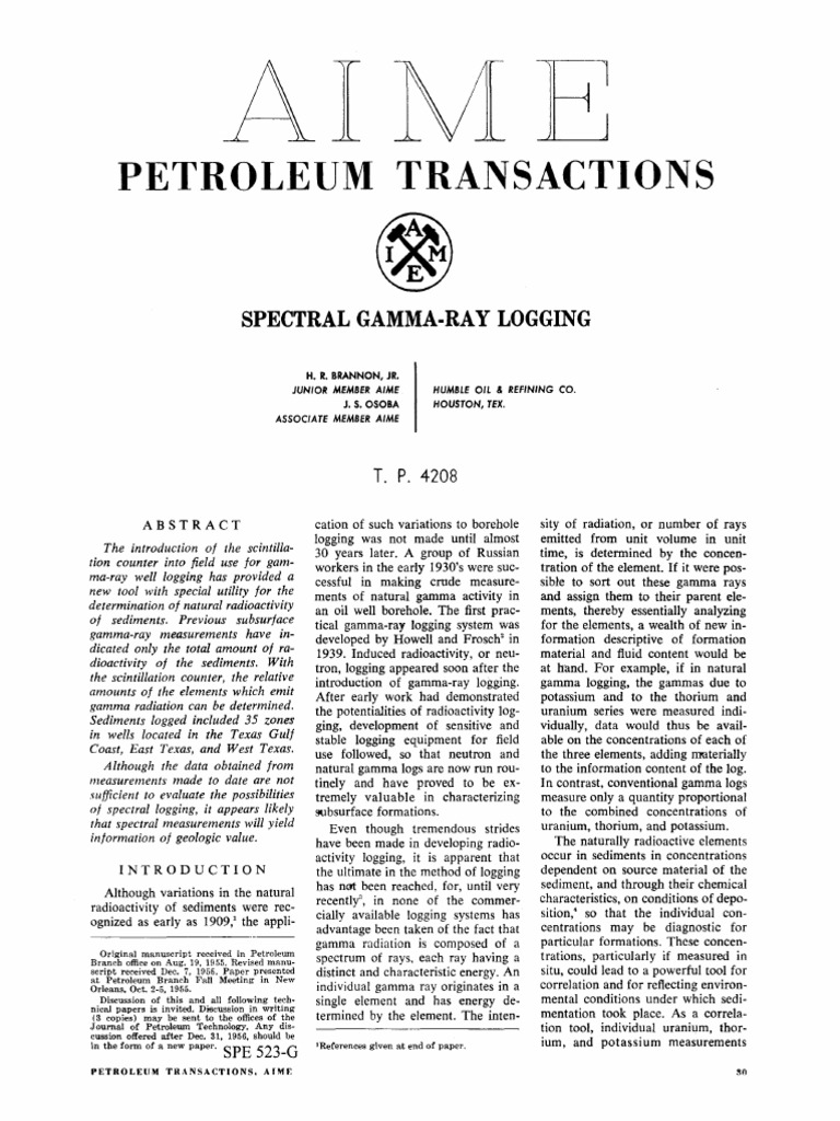 Petroleum Transactions: Spectral Gamma-Ray Logging | PDF | Gamma Ray ...